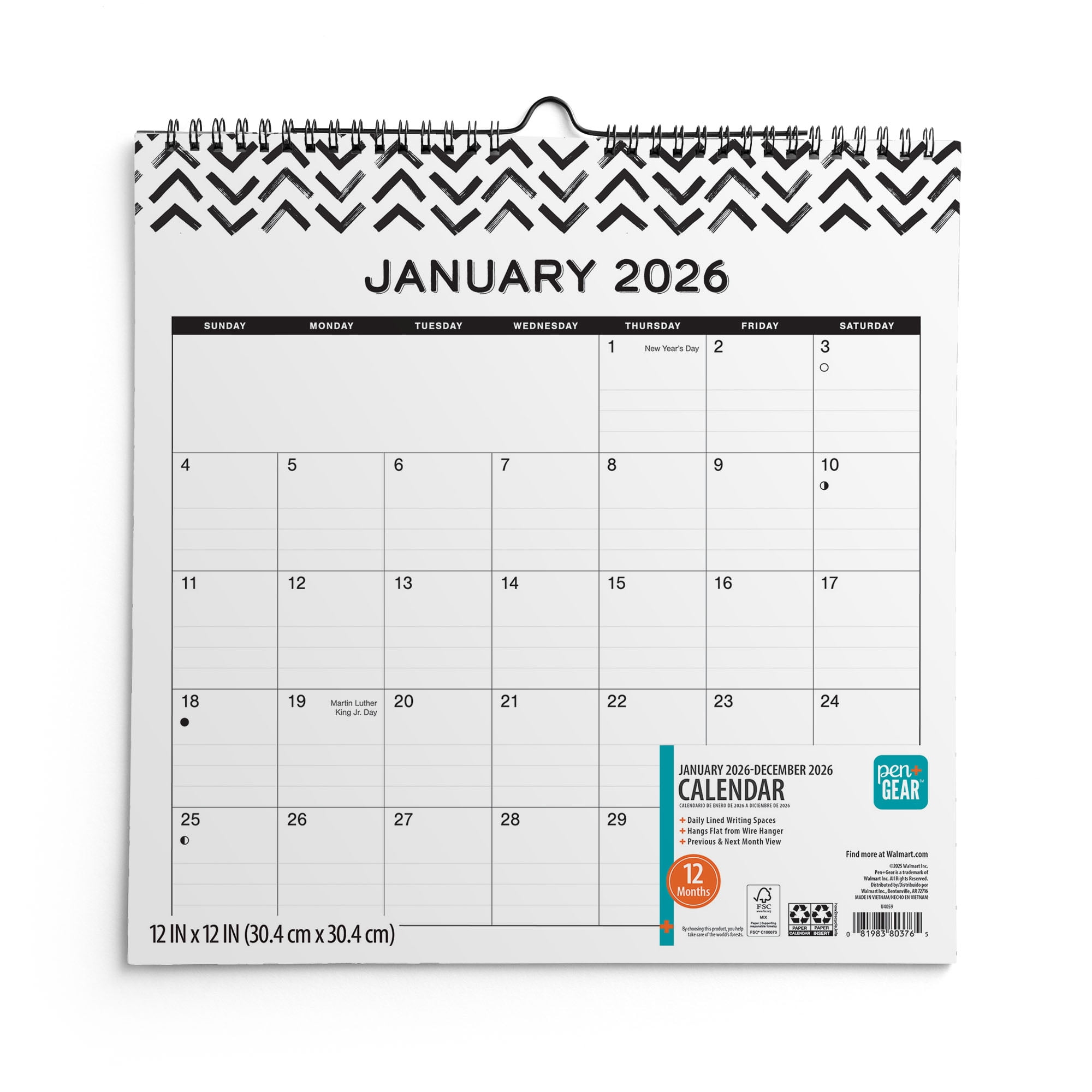 Pen+Gear Monthly Spiral Calendar (12"x12") Black Lines 12 Mo Jan 2026 ...