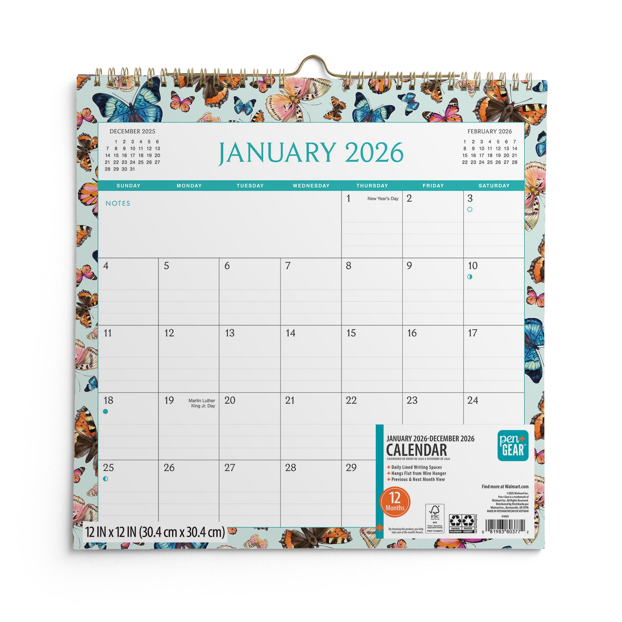 Pen+Gear Monthly Spiral Calendar (12"x12") Butterfly 12 Month Jan 2026 ...