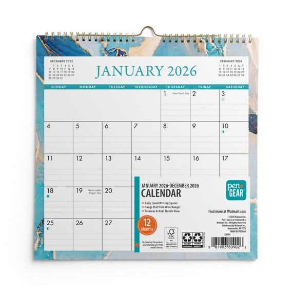 Pen+Gear Monthly Spiral Calendar Mini (7"x7") Marble 12 Month Jan 2026 ...