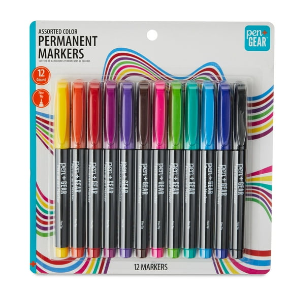Pen+Gear Permanent Markers, Fine Tip, Assorted Colors, 12 Count, Water ...