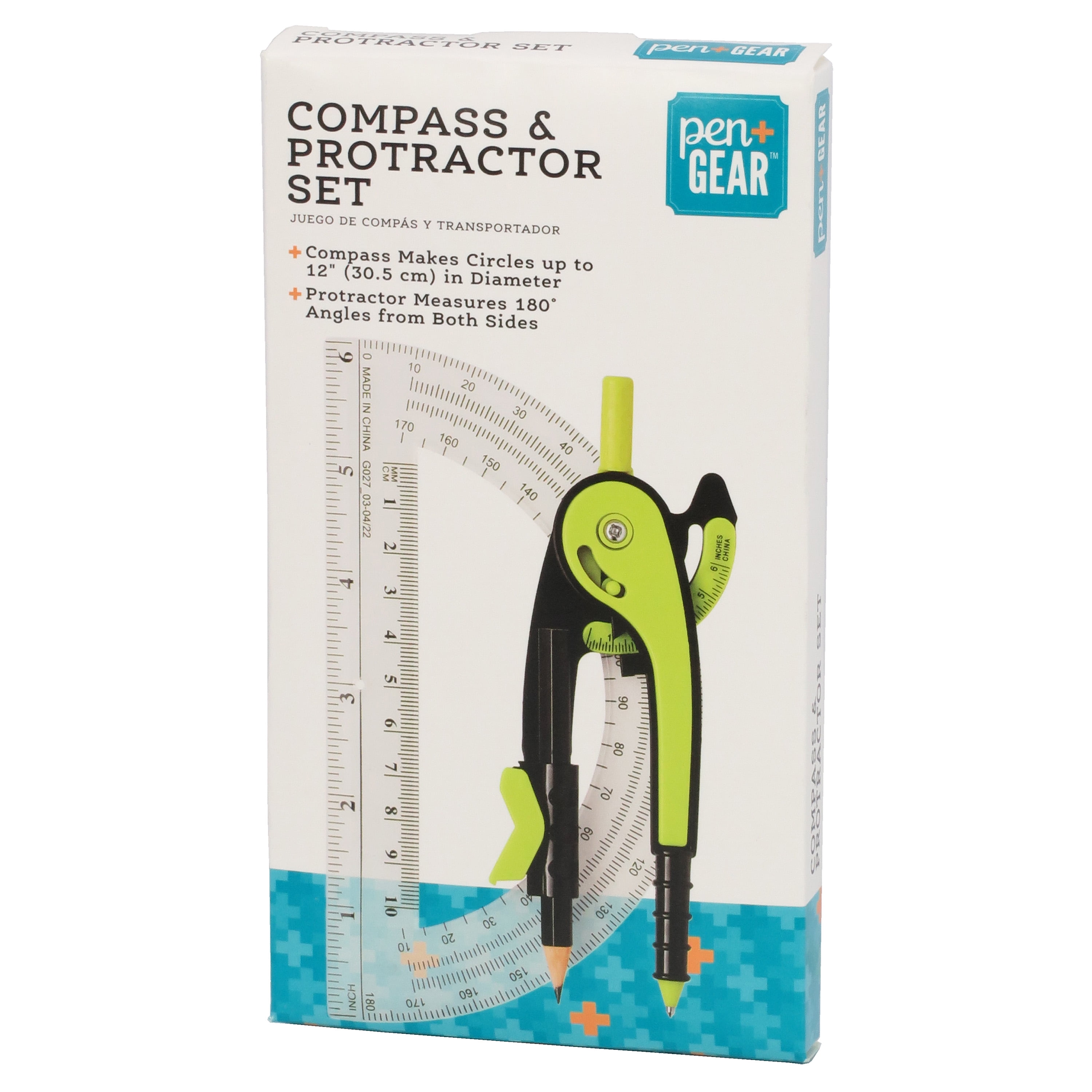 Pen+Gear Plastic Compass and Protractor Set, Math Tools, Lime/Black ...