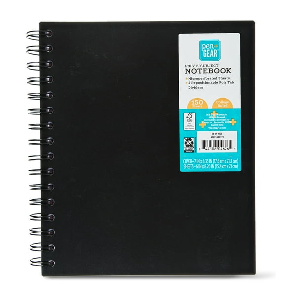 Pen+Gear Poly 5-Subject Notebook, College Ruled, 150 Sheets, Black, 6 ...
