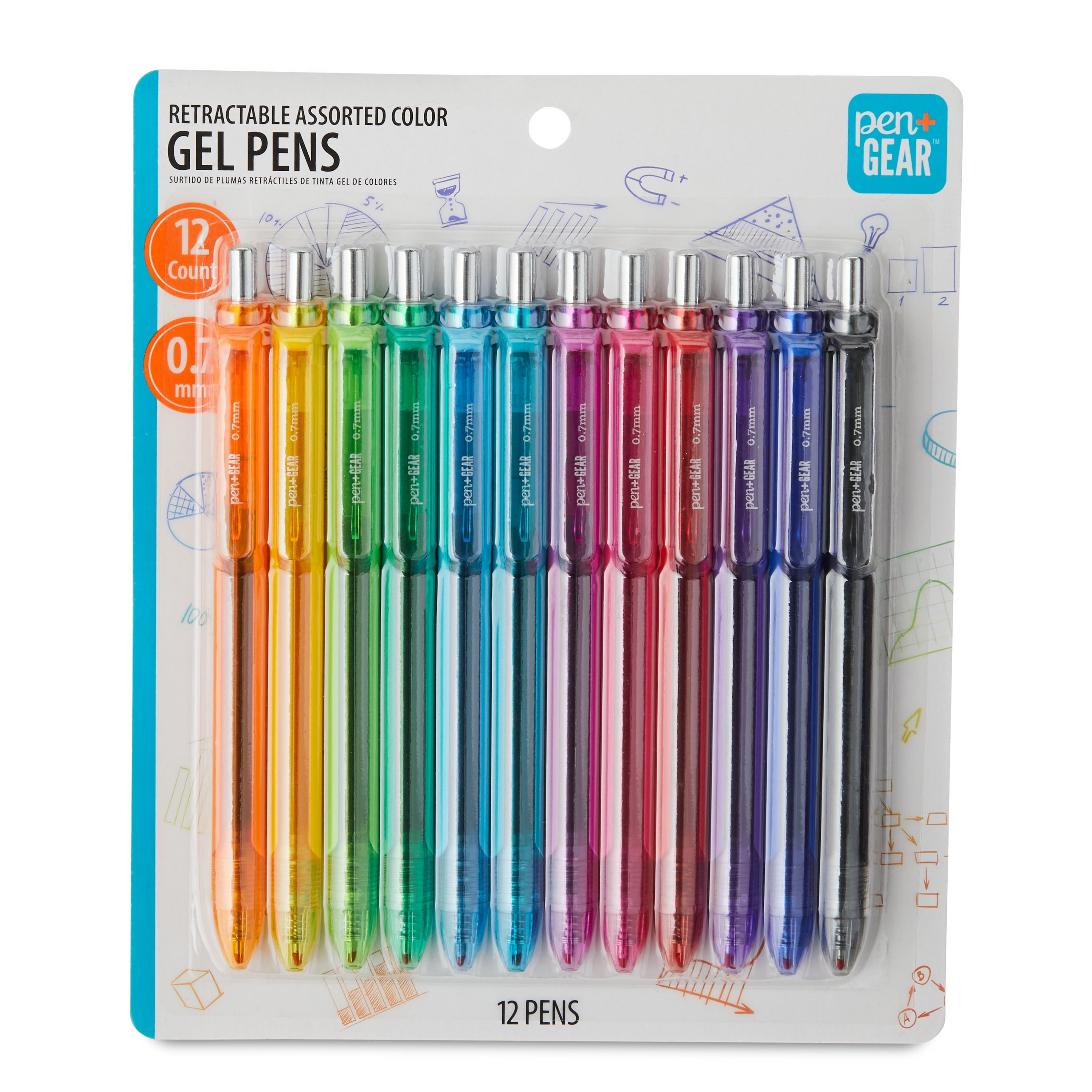 Brandclub - Pen+Gear Retractable Gel Ink Pens, Assorted Colors, 0.7mm, 12 Count