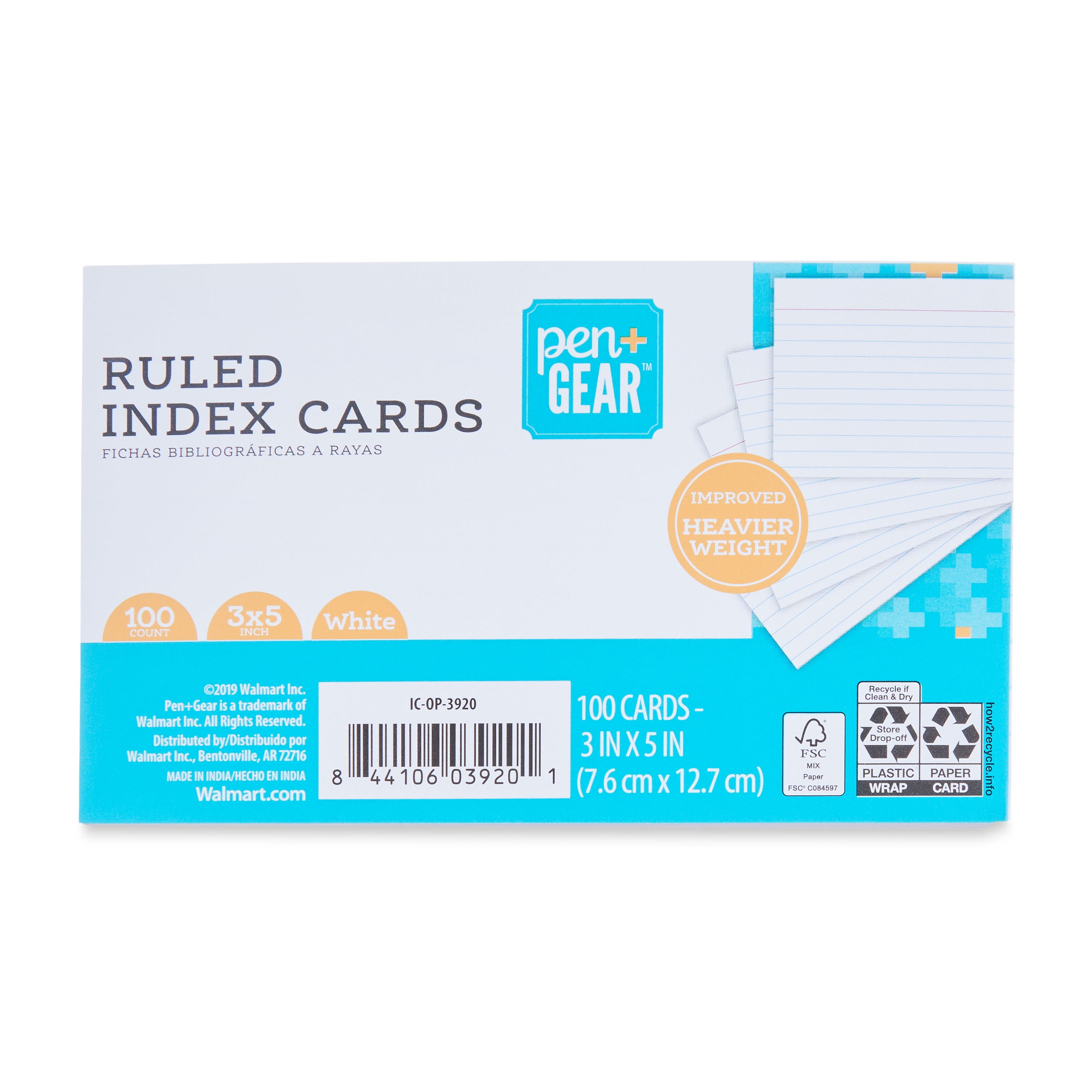 Pen+Gear Ruled Index Cards, 3" x 5", White, 100 Count - Walmart.com