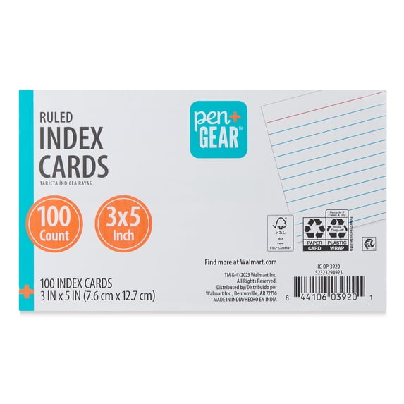 Pen+Gear Ruled Index Cards, 3" x 5", White, 100 Count - Walmart.com