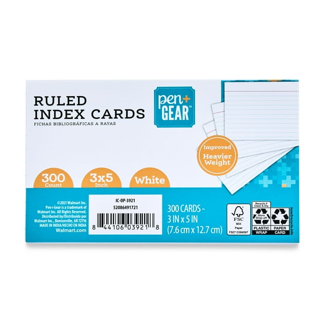 Pen + Gear Ruled Index Cards, White, 300 Count, 3" x 5" - Walmart.com