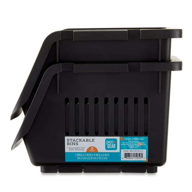 Pen Gear Stackable Plastic Storage Bins Black 2 Count 6 5 W X 9