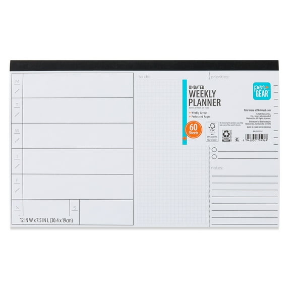 Pen+Gear Weekly Undated Large (12" x 7.5") Black and White 60 Sheets ...