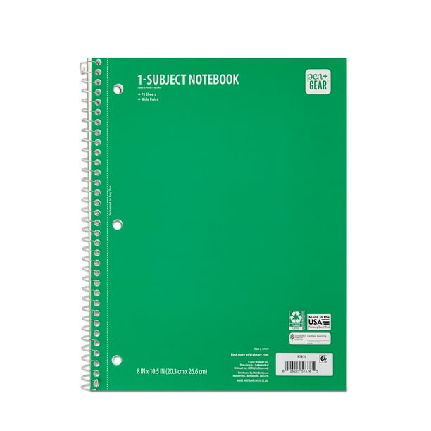 Pen + Gear Wide Ruled 1-Subject Notebook, 10.5” x 8”, Green, 70 Pages ...