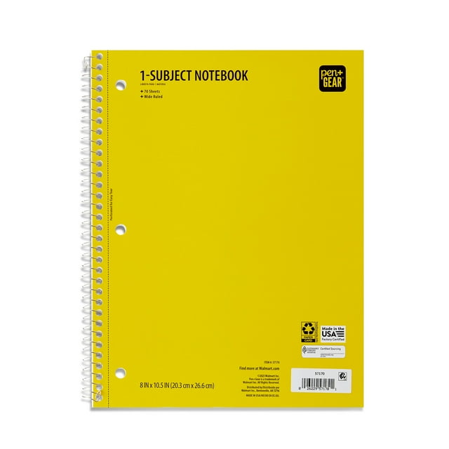 Pen+Gear Wide Rule 1 Subject Notebook, 8” x 10.5”, Yellow, 70 Sheets ...