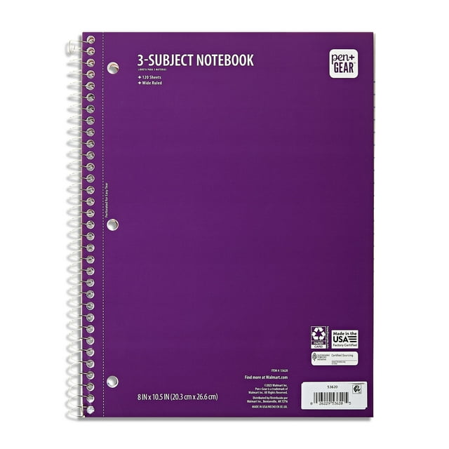 Pen+Gear Wide Rule 3 Subject Notebook, 8” x 10.5”, Purple, 120 Sheets ...
