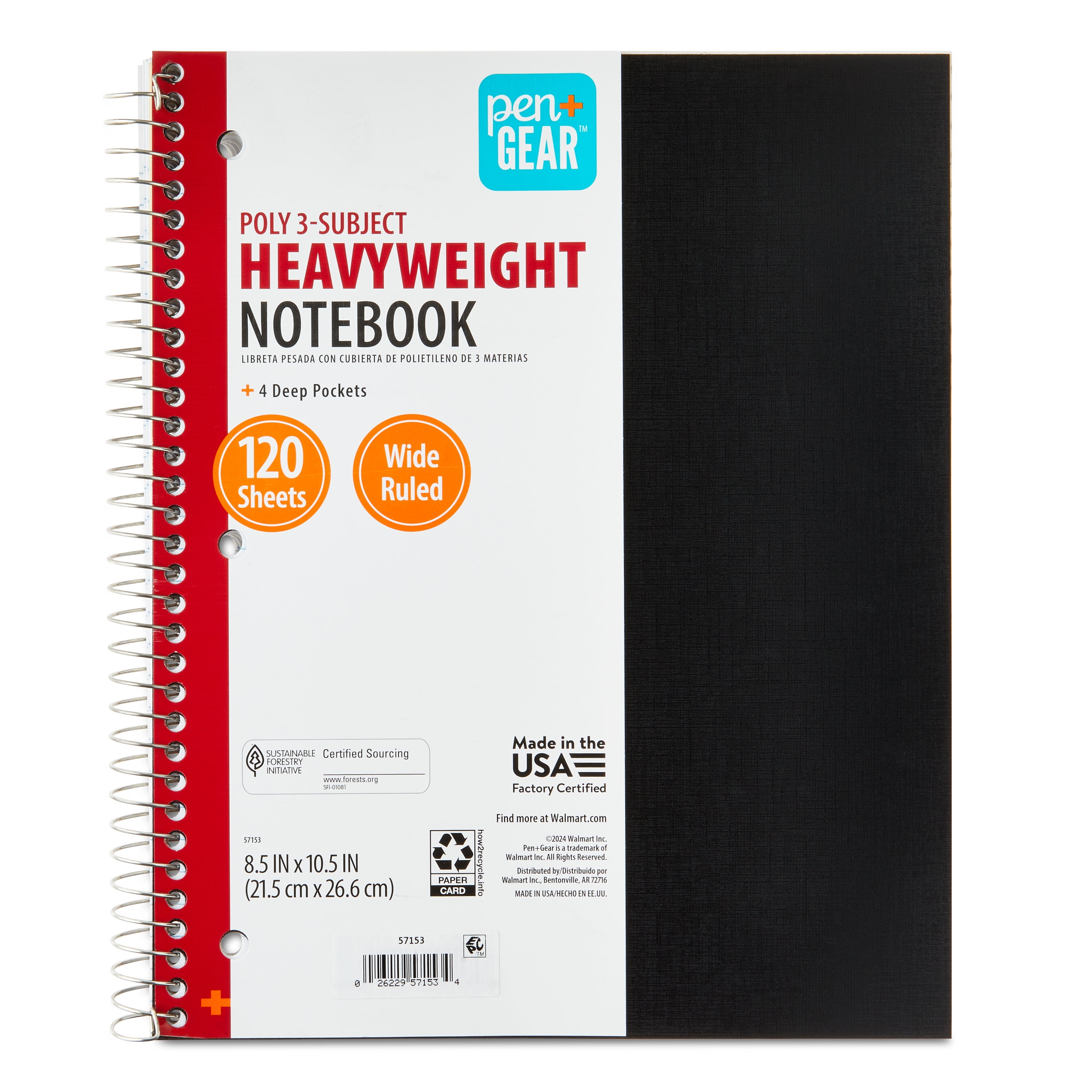 Pen+Gear Wide Ruled 3-Subject Poly Notebook, Black, 8.5" x 10.5", 120 ...