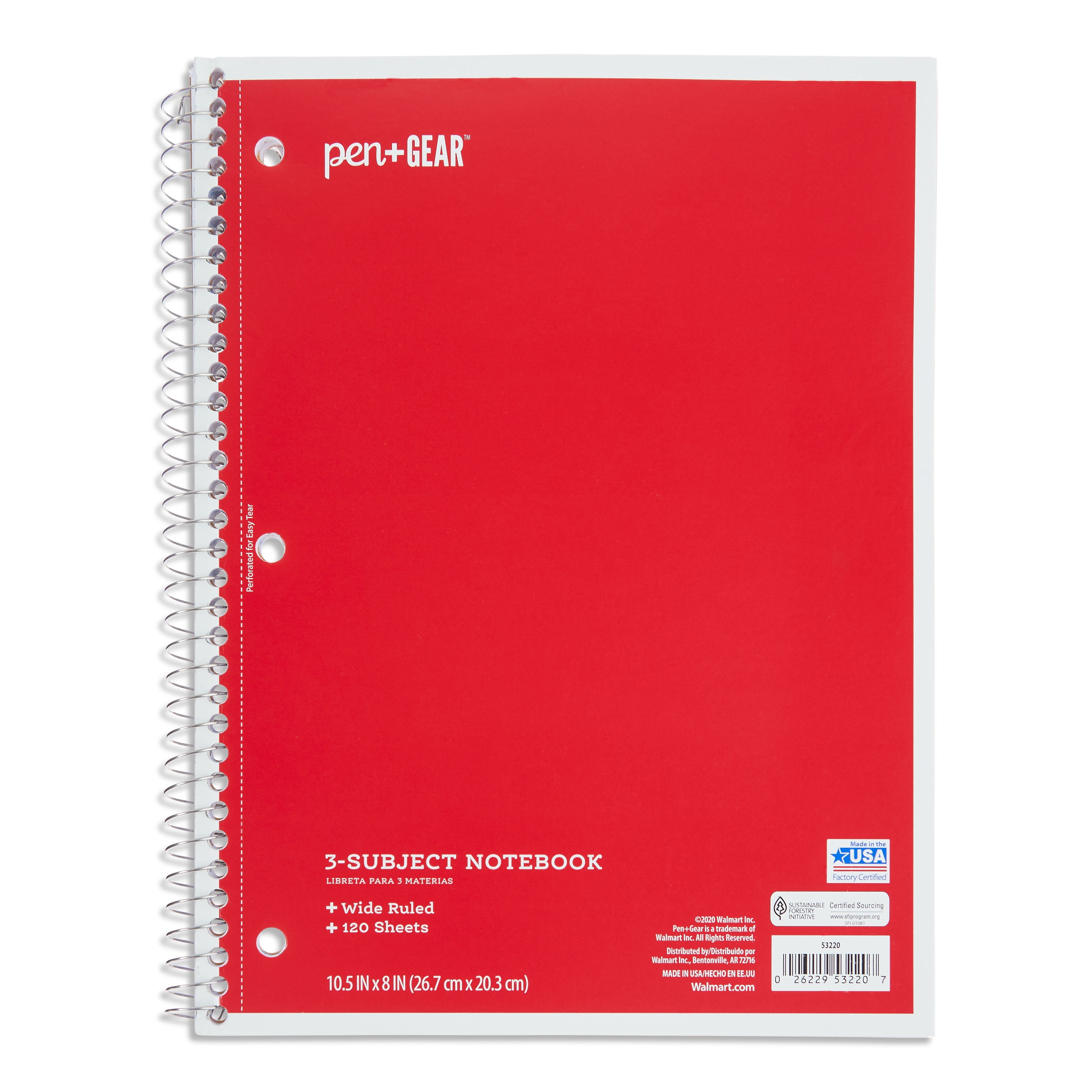 Pen+Gear Wide Ruled 3-Subject Spiral Notebook, Red, 10.5" x 8", 120 ...