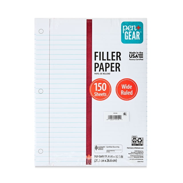 Pen+Gear 150 Sheets Wide Ruled Filler Paper, 10.5" x 8" - Walmart ...