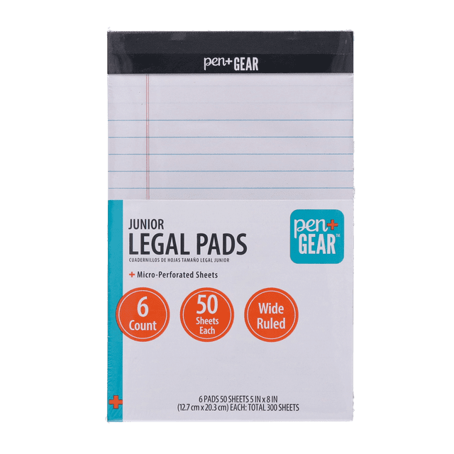 Pen+Gear Wide Ruled Junior Legal Pads, 5" x 8", White Paper, 50 Sheets ...