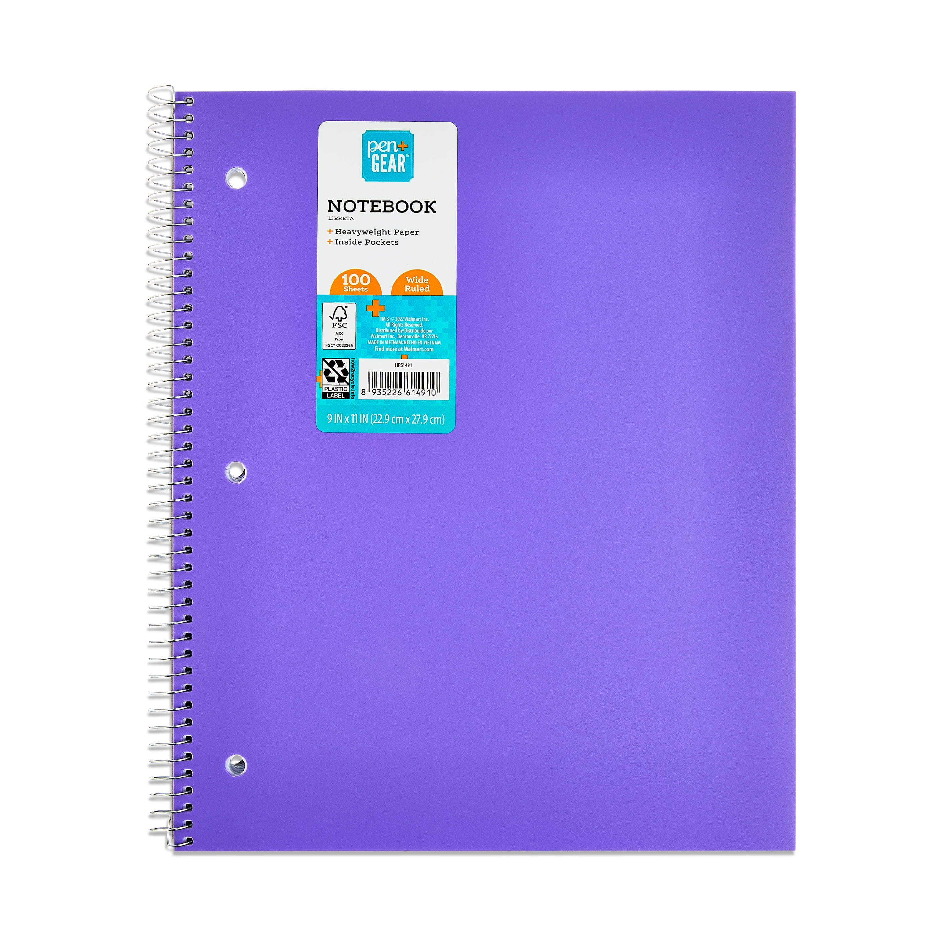 Pen+Gear Wide Ruled Poly 1-Subject Notebook with Inside Pockets, 9" x ...