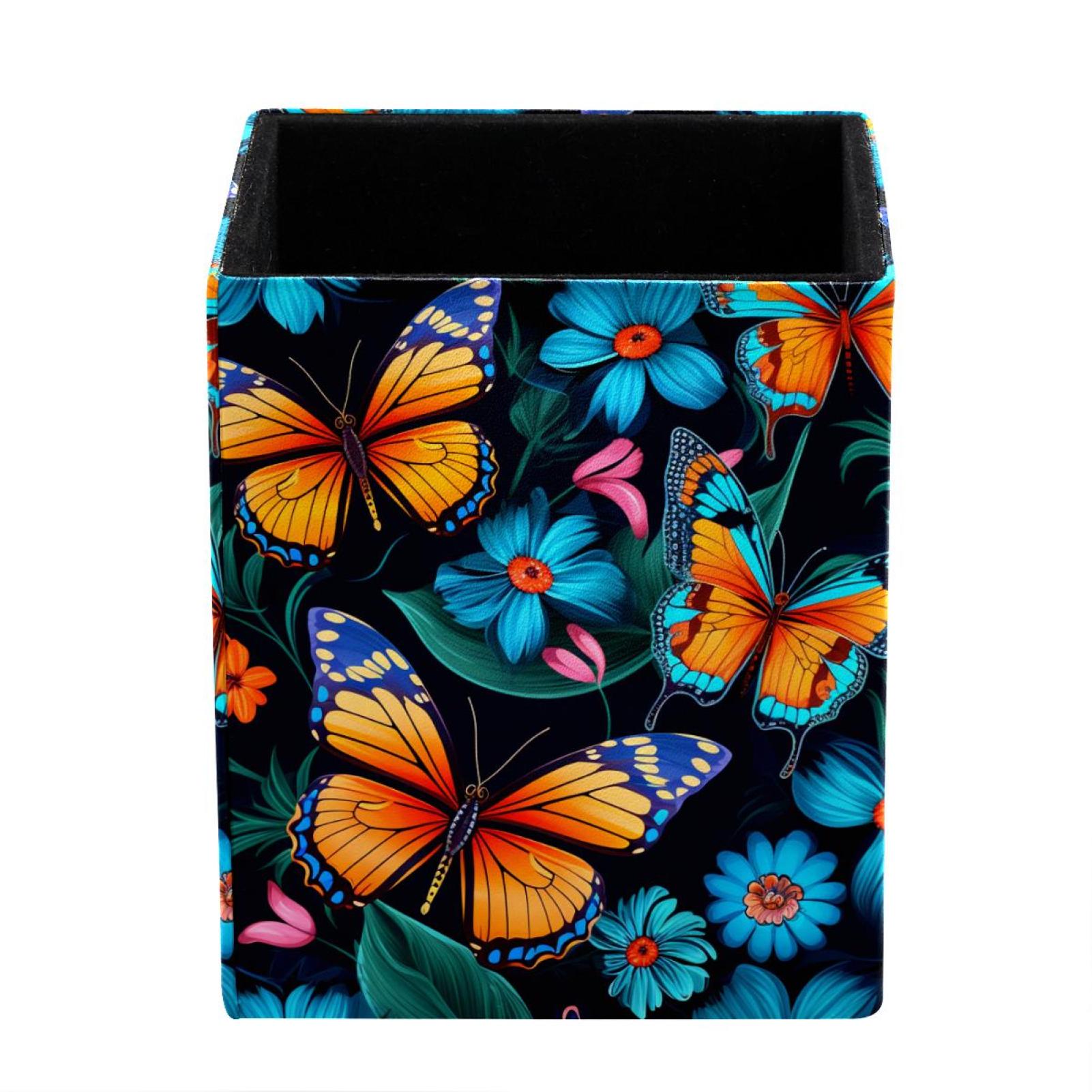 Pen Holder Blue Flower Butterfly Pencil Holder for Desk, Leather Pen ...