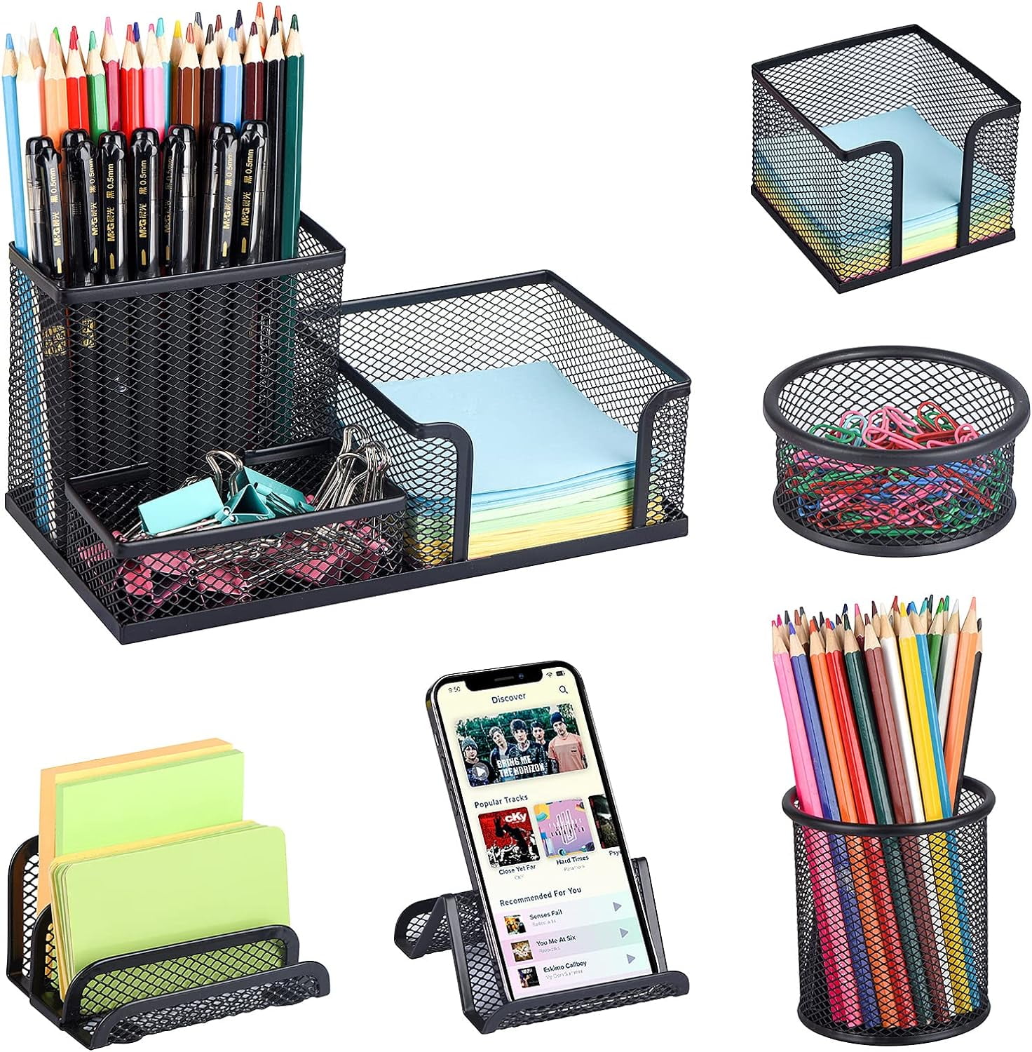 Pen Holder for Desk, 6 Pieces Mesh Desk Organizer set 3 Compartments ...