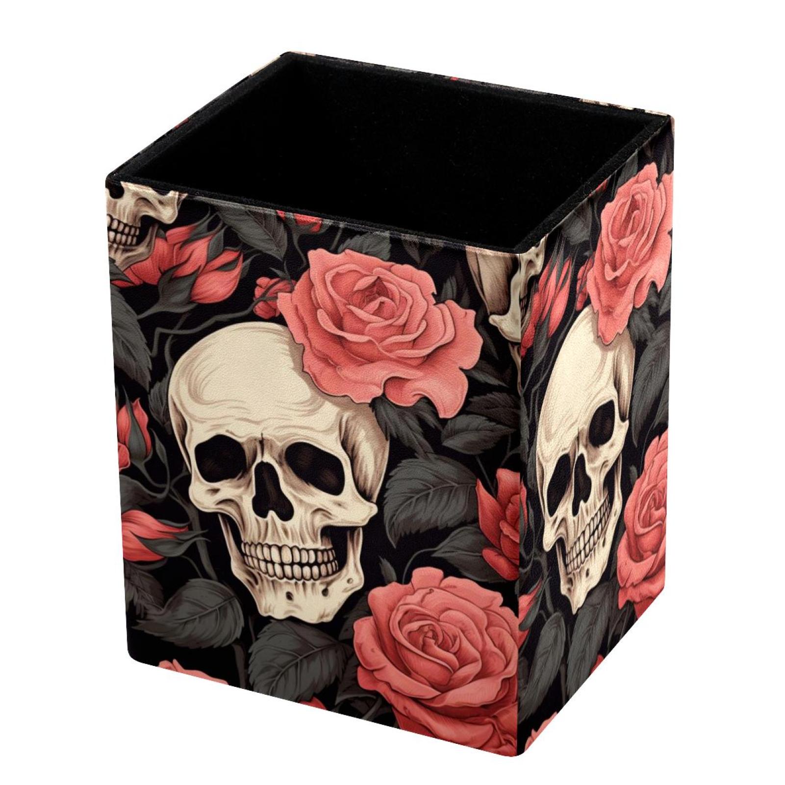 Pen Holder Square Pencil Holder for Desk, Rose Flower Skull Pattern Pen ...