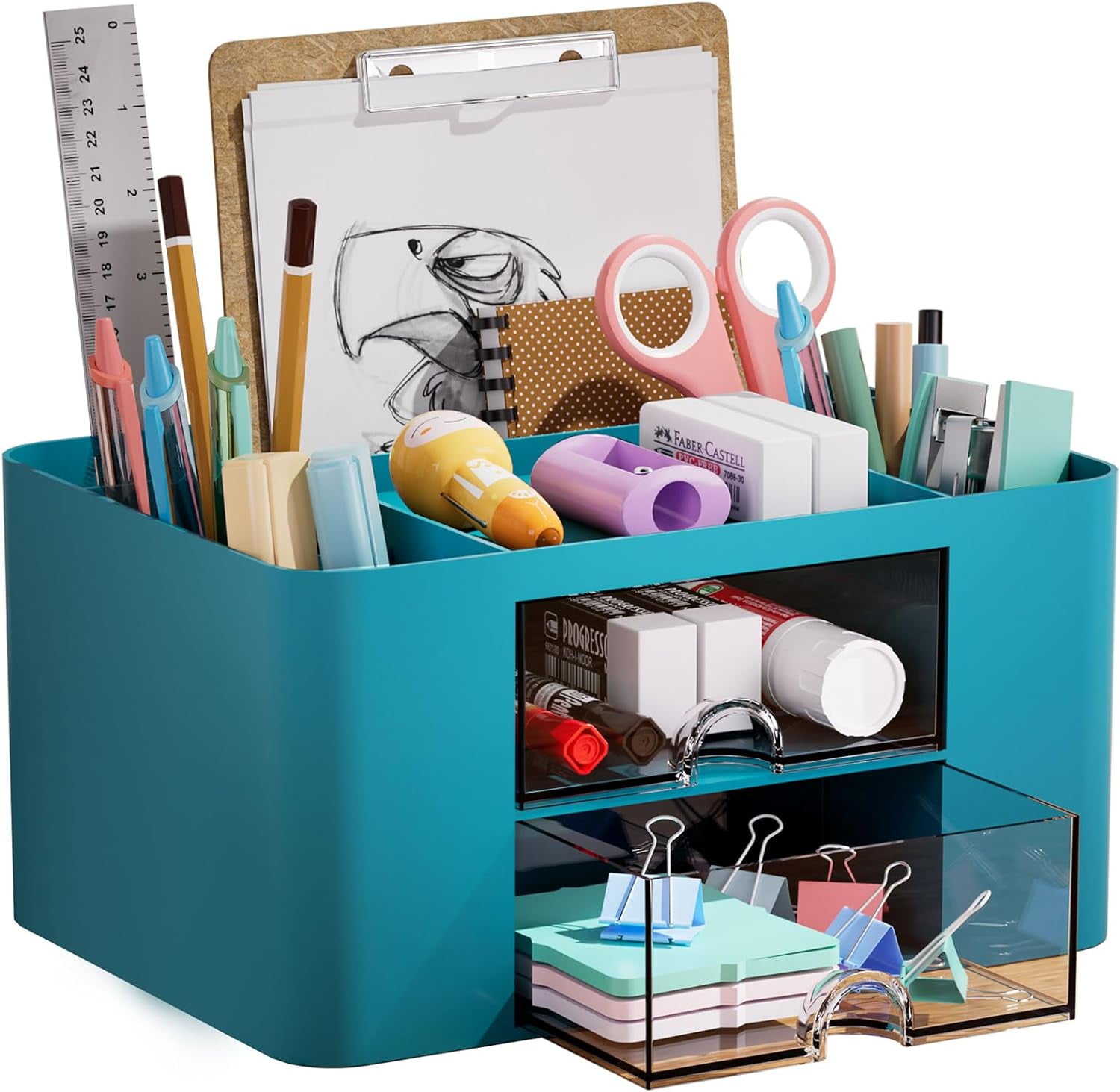 Pen Organizer with 2 Drawers Blue Office Desk Accessories Holder Multi ...
