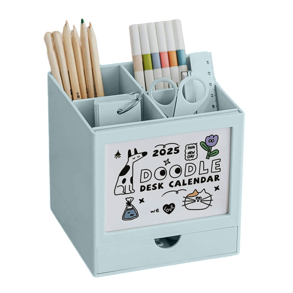 Pen Organizers with 2025 Calendar and Drawer 4 Compartments Rotating ...