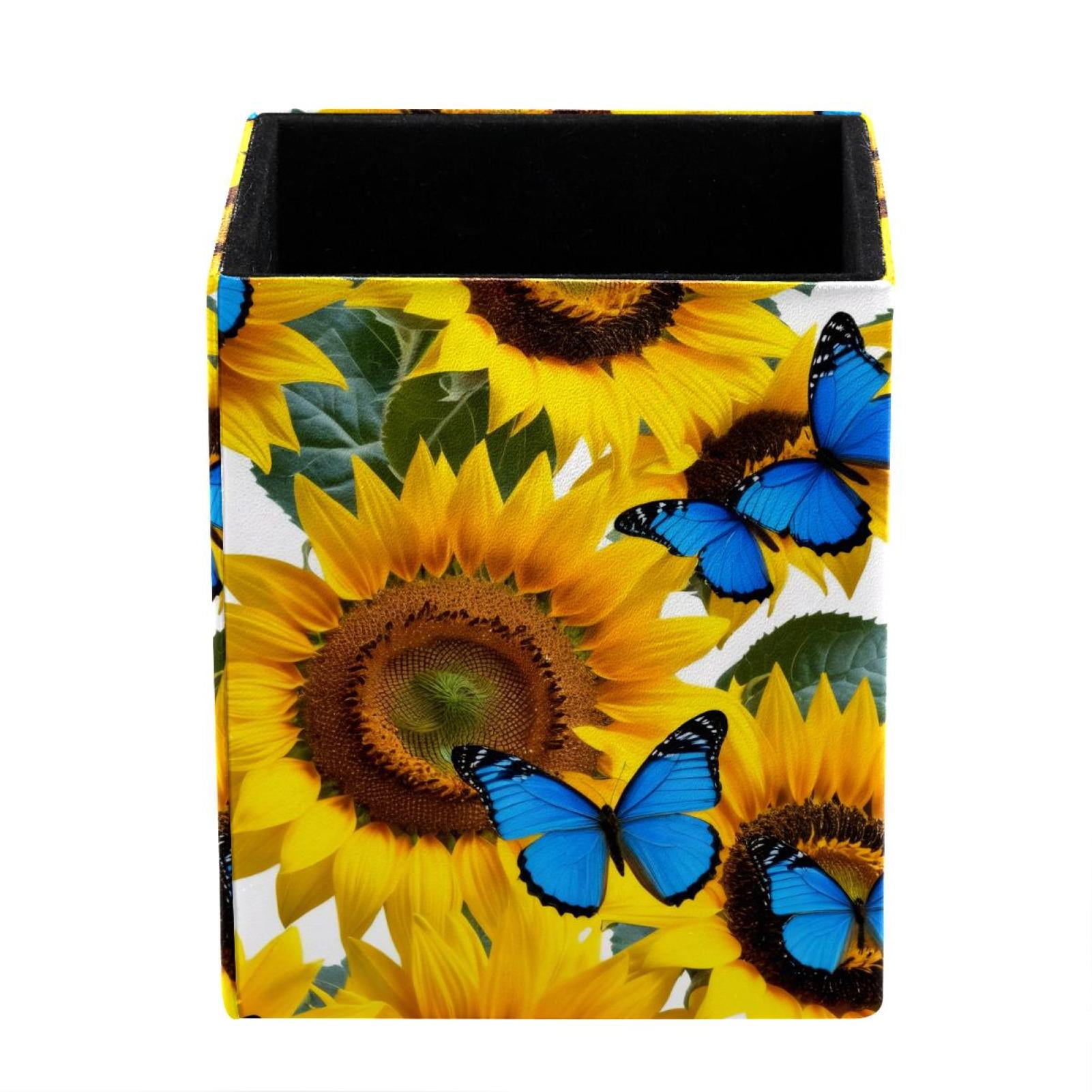 Pen Pencil Holder for Desk, Blue Butterflies Sunflower Desk Pen ...