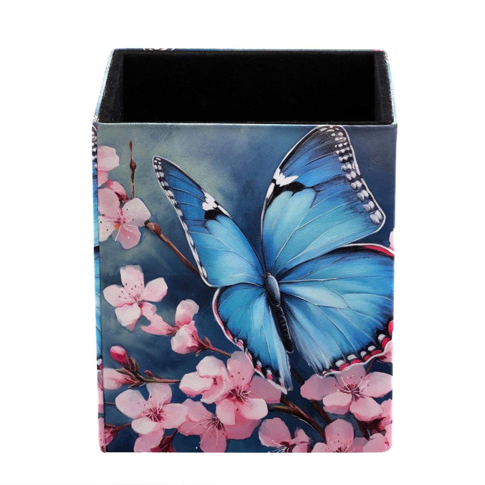 Pen Pencil Holder for Desk, Blue Butterfly Cherry Blossom Desk Pen ...