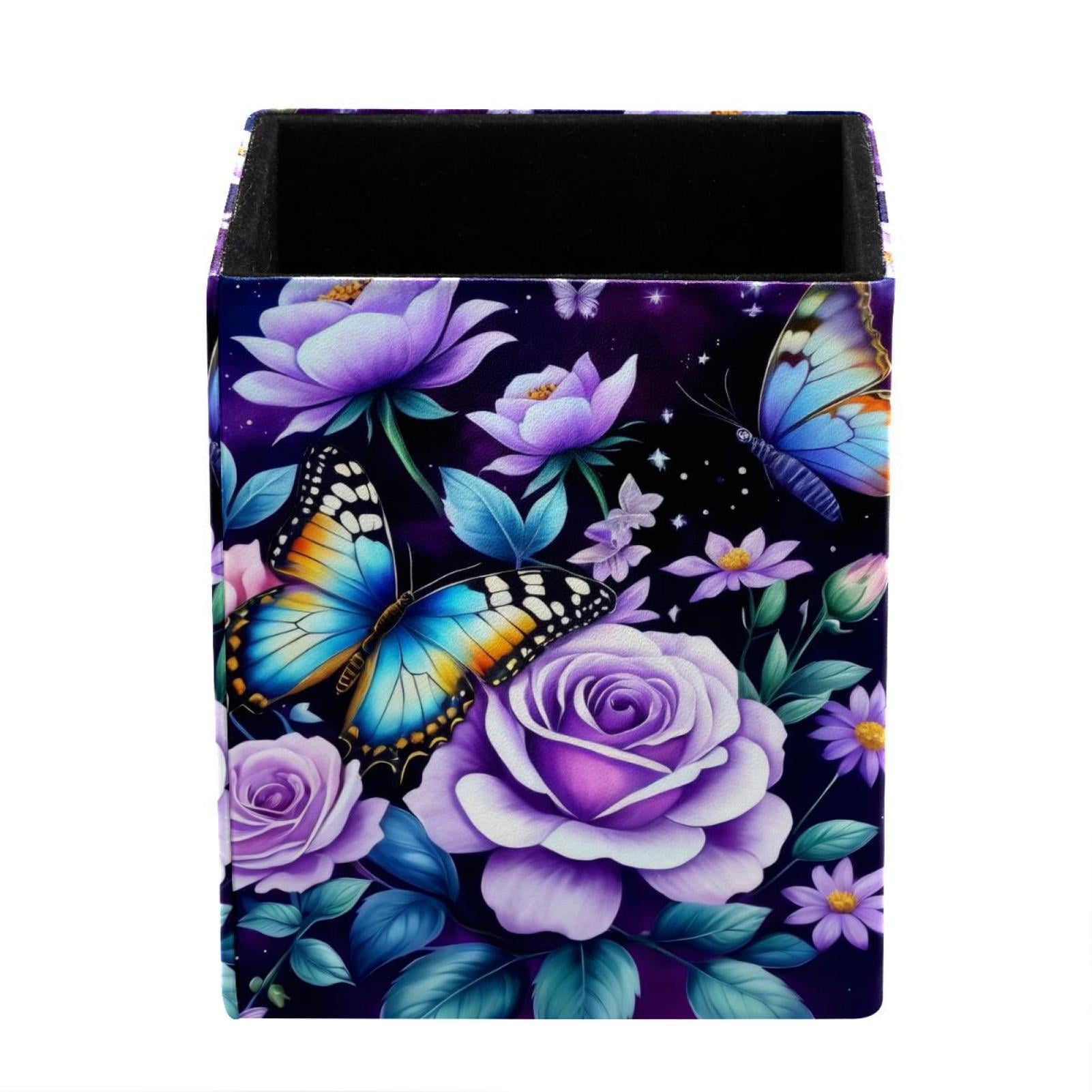 Pen Pencil Holder for Desk, Butterfly Floral Purple Desk Pen Organizer ...