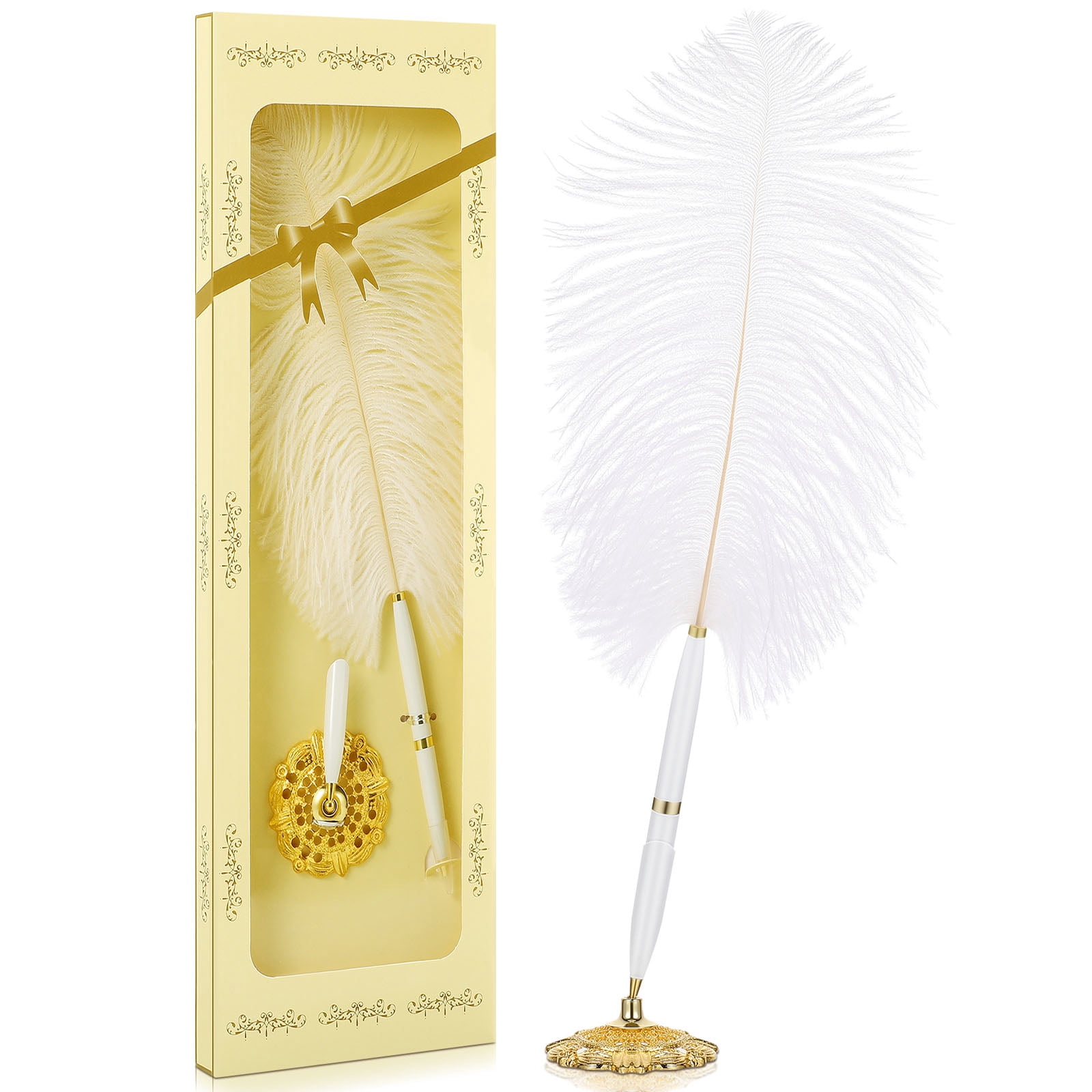 Pen With Metal Stand,Long Feather Quill Wedding Reception Guest Pen ...