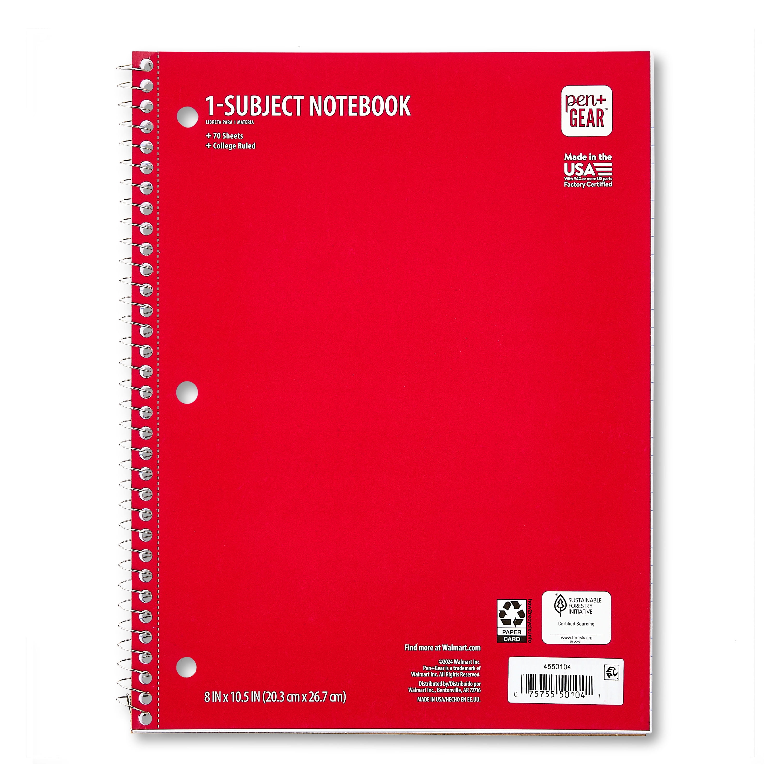 Pen+Gear College Ruled 1-Subject Notebook, 8" x 10.5", Red, 70 Sheets ...