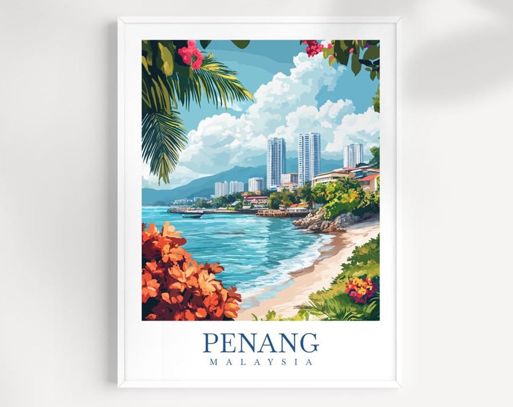 Penang Malaysia Travel Print Wall Art – Illustrated Cityscape ...