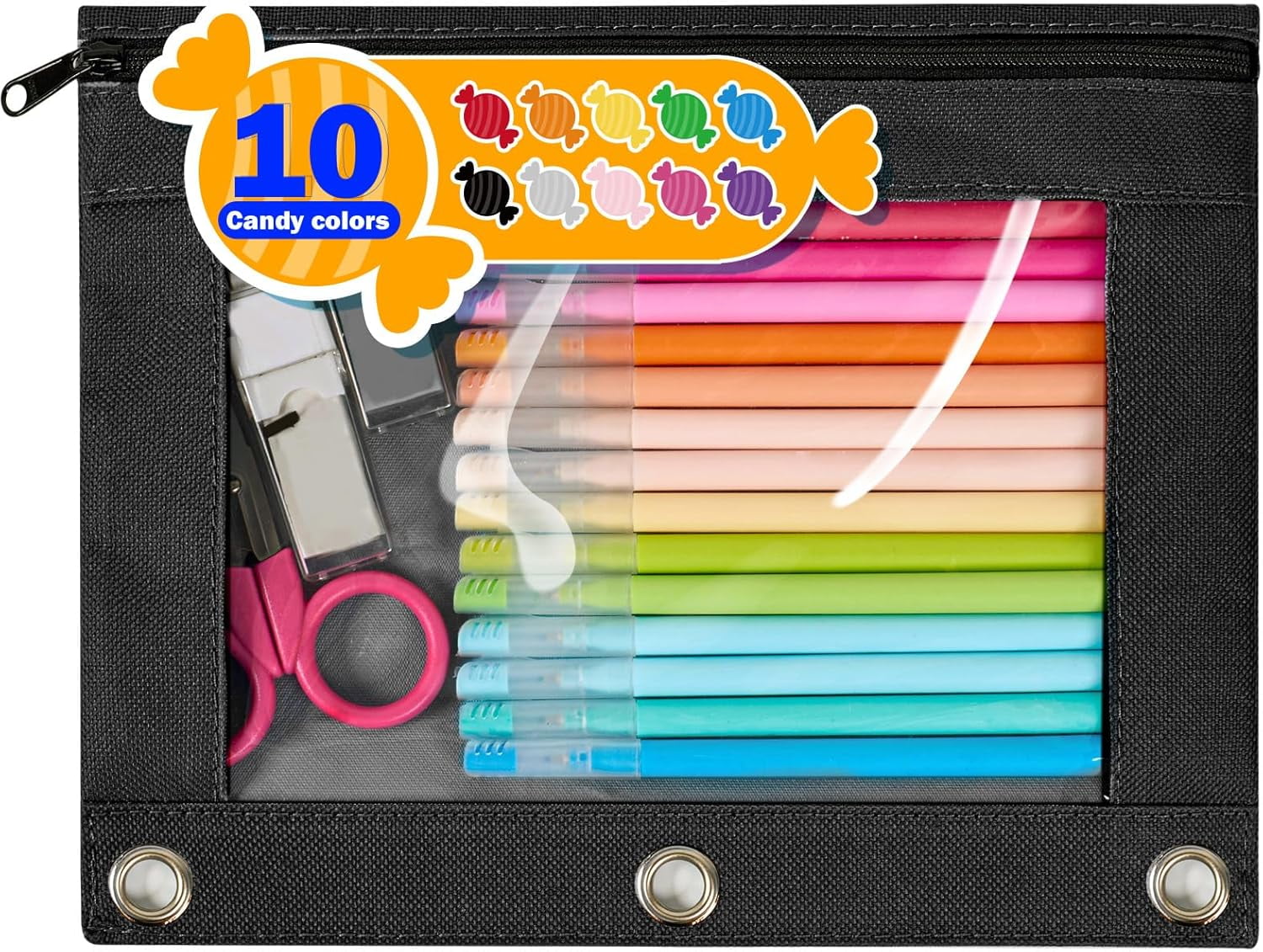 Pencil Pouch for 3 Ring Binder, Large Pencil Case Pouch with 3 Reinforced Grommets, Pen Bag ...