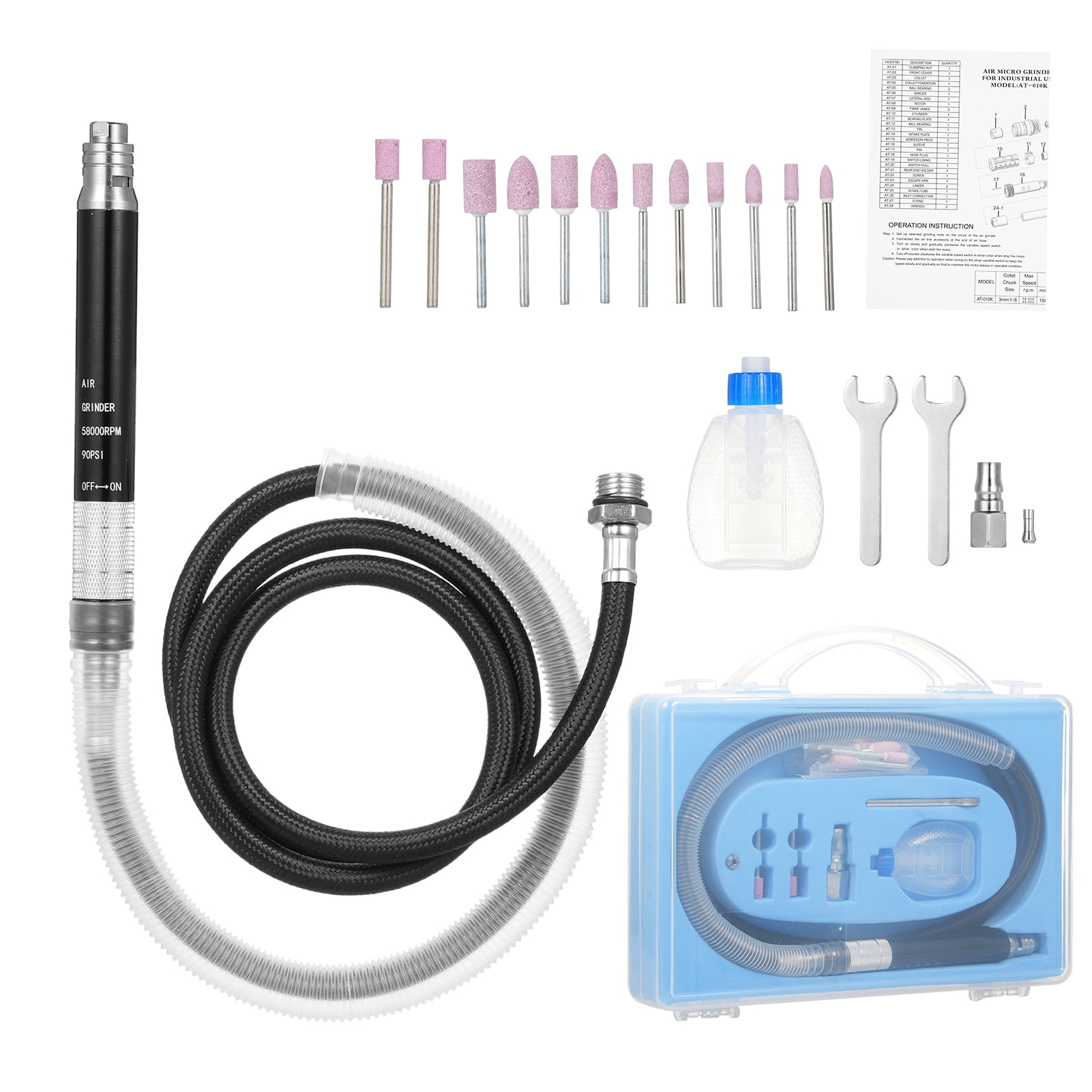 Pencil Type Air Grinder with Air Hose 2 Collets 1/4 Inch Pneumatic ...