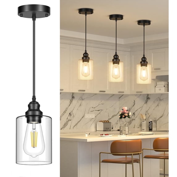 3-Pack Black LED Pendant Lights for Kitchen, Dining Room with Glass ...