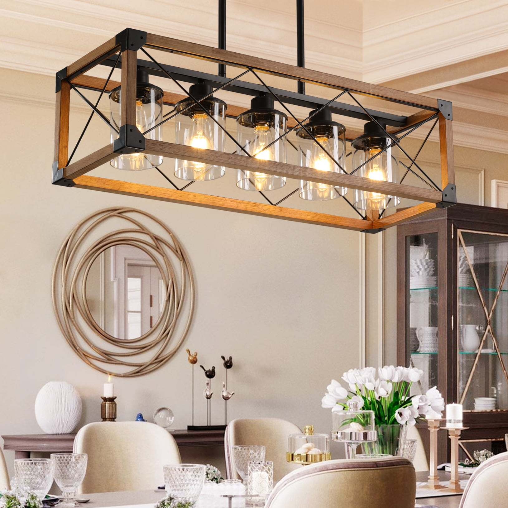 Pendant Lights Kitchen Island, 5-Light Rectangular Chandelier with Adjustable height boom and ...