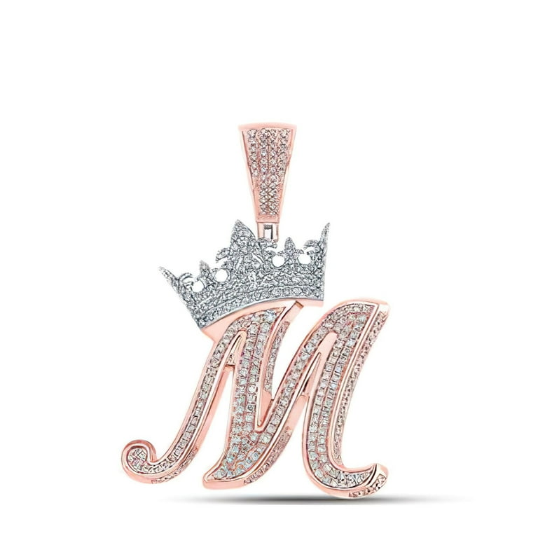 Pendant Necklace Majestic Crown Letter M 10K Rose Gold Real Round Diamond Alphabet M Initial Charm 1.75cttw 53mm Tall Plated Silver 4mm 20in Rope