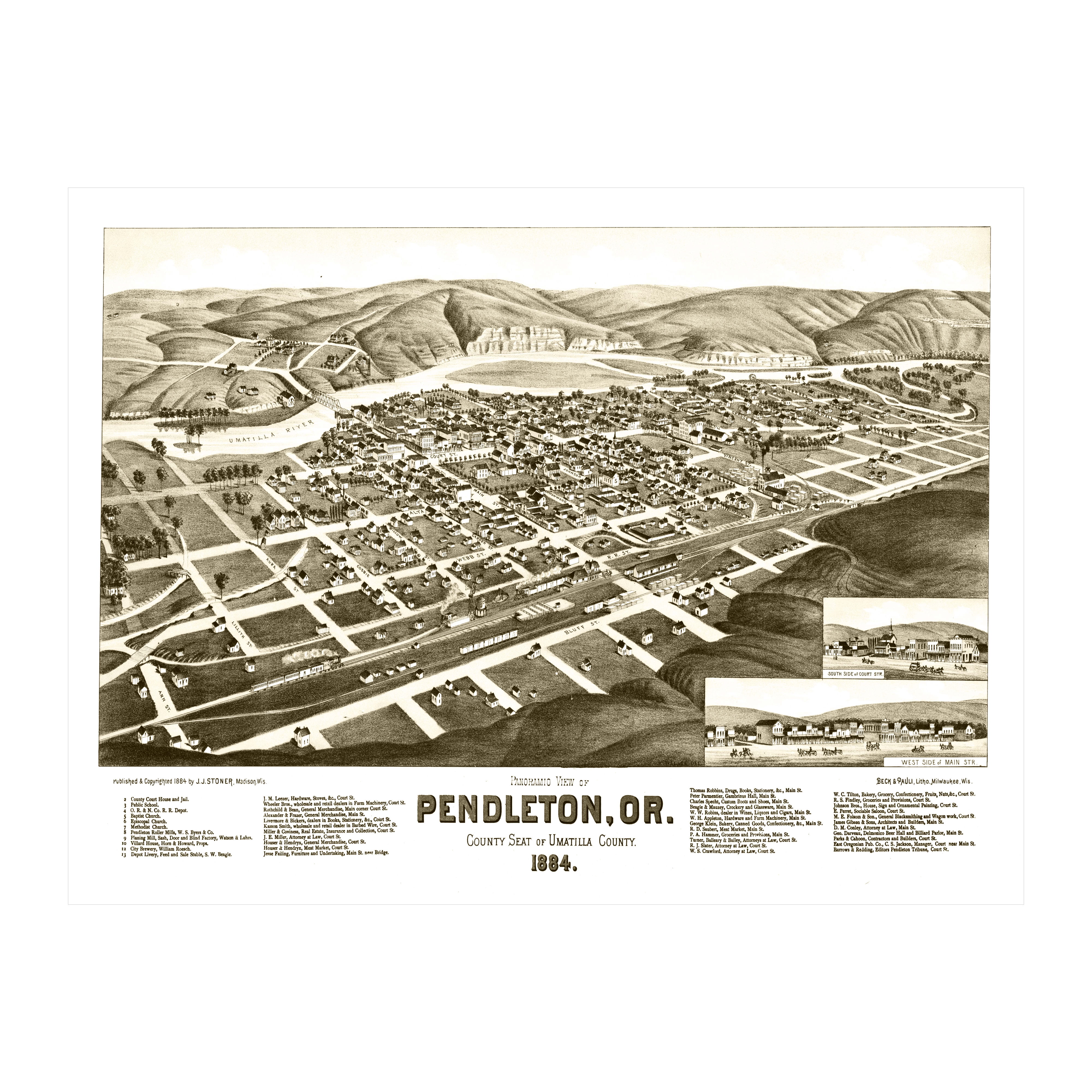 Pendleton Art, 1884 Vintage Map of Pendleton Oregon, OR History Wall ...