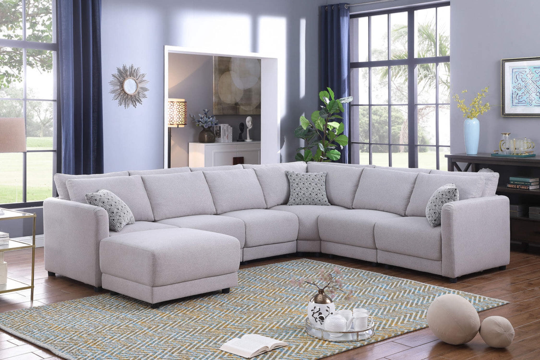Penelope 120" Light Gray Linen Fabric Reversible 7Pc Modular Sectional ...