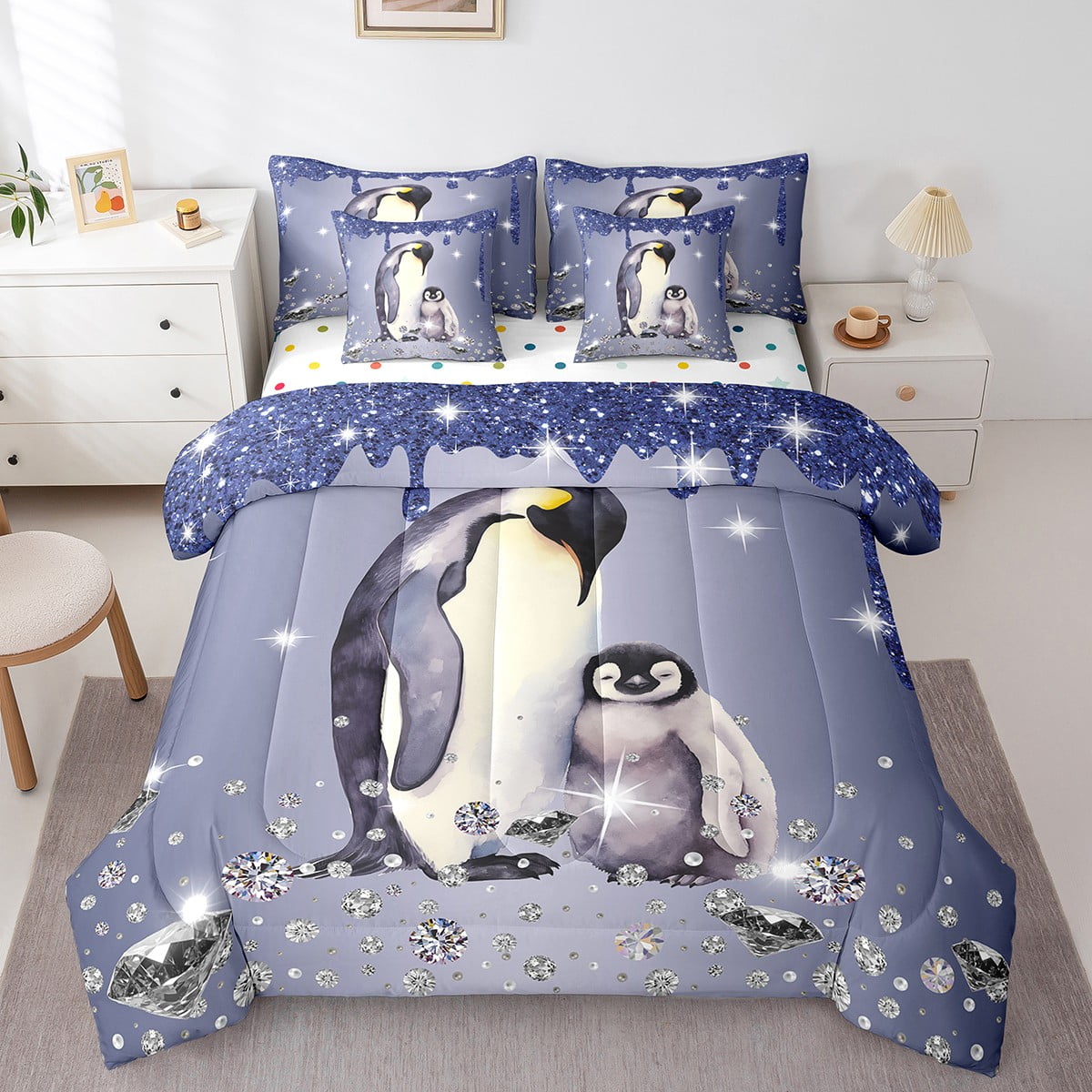 Penguin 7 Piece Comforter Set Full Bed in a Bag,Blue Sequin Fluid Art ...