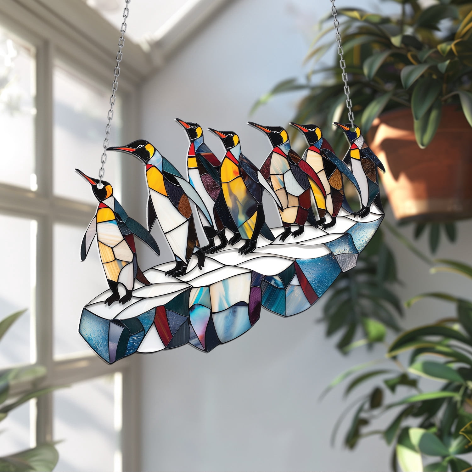 Penguin Acrylic 2D Window Hanging, Stained Glass Style Iceberg Scene ...