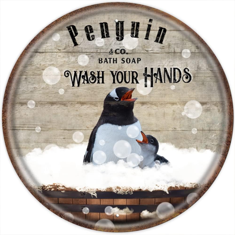 Penguin Bath Soap Round Metal Tin Sign Wash Your Hands Retro Sign Home ...