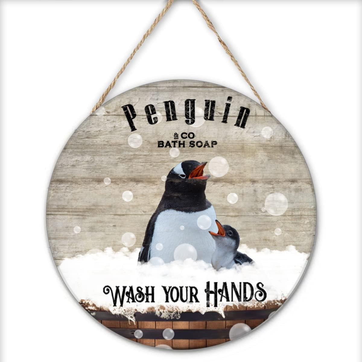 Penguin Bath Soap Vintage Round Wooden Sign Wash Your Hands Retro Sign ...