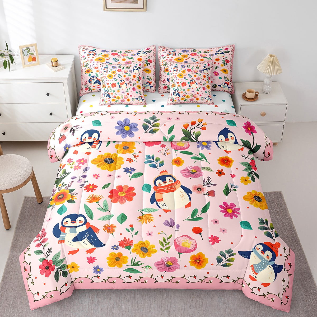 Penguin Bed in a Bag King Size Comforter Set 7 Pieces,Boho Floral ...