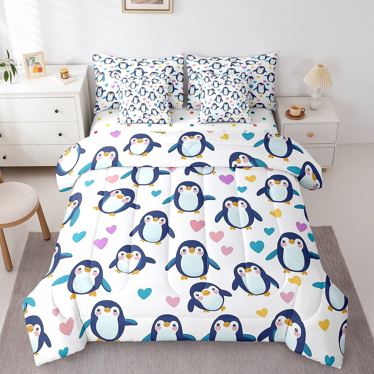Penguin Bed in a Bag Queen Comforter Set 7 Piece Cute Birds Sheet Set ...