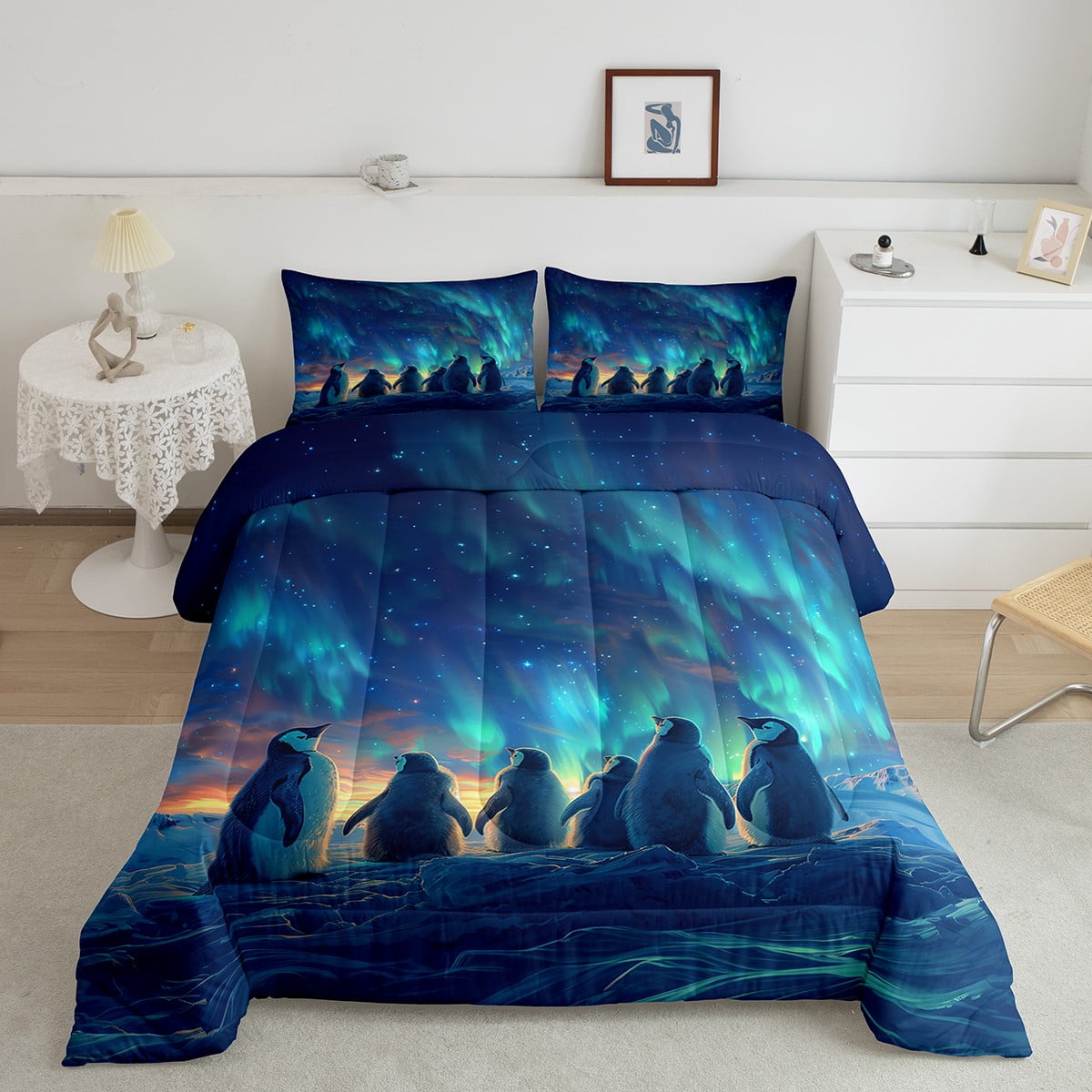 Penguin Bedding King Size Blue Green Aurora Print Comforter Set, Cute ...