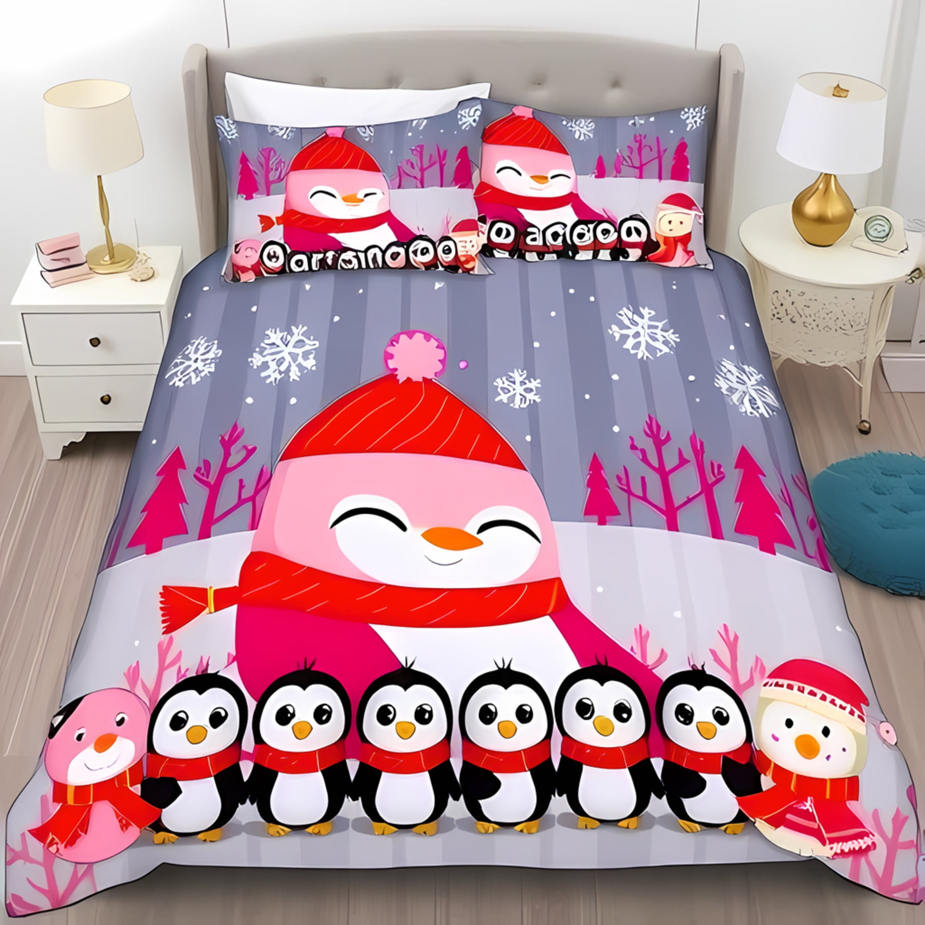 Penguin Bedding Set Cozy Comforter with Snowman & Trees - Cheerful Gray ...