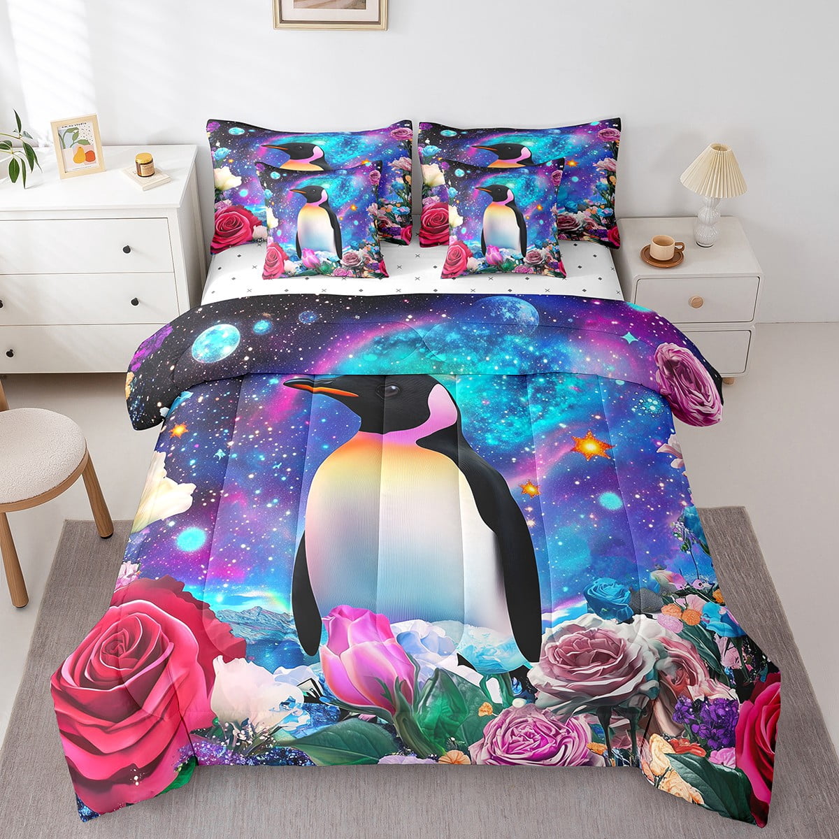 Penguin Bedding Set Galaxy Starry Sky Planet Bed In A Bag Cartoon ...