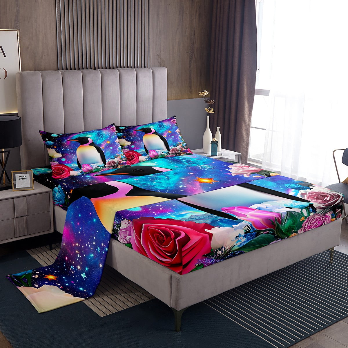 Penguin Bedding Set Galaxy Starry Sky Planet Bed Sheets For Kids Boys ...