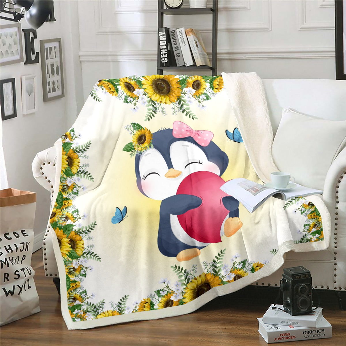 Penguin Blanket for Sofa Couch,Leaves Flowers Sunflower Fleece Throw ...