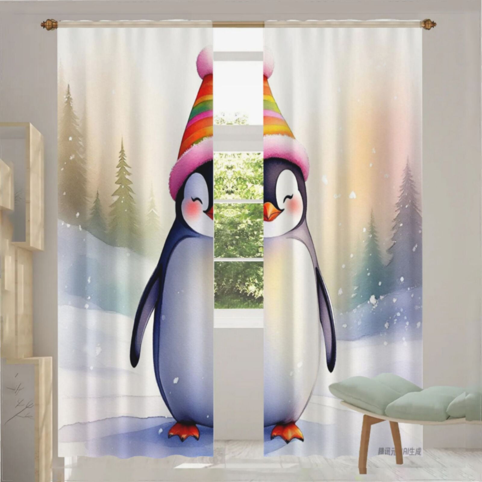 Penguin Colorful Hats Curtains for Living Room Bedroom Decor ...